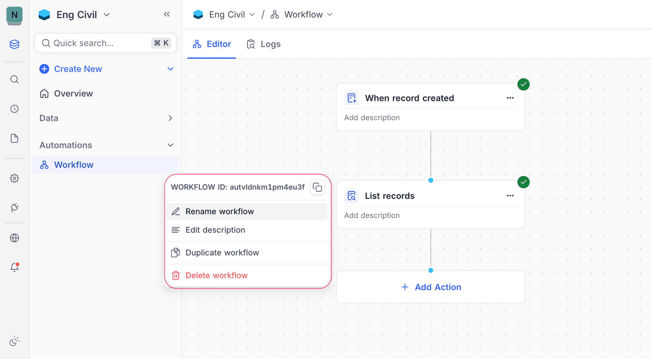 Actions on workflow