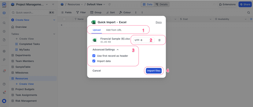 Create table via import