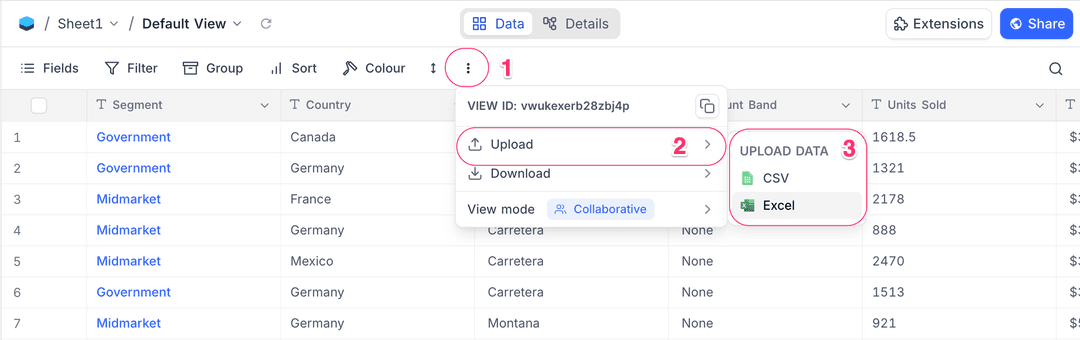 Upload data into a table